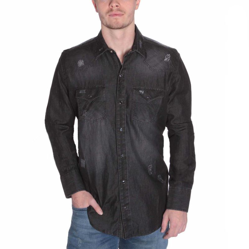 BootDaddy with Reatta Mens Distressed Denim Shirt Black