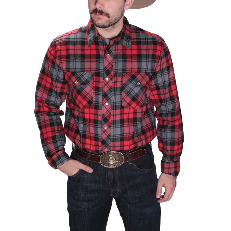 PFI Western Mens Red Plaid Flannel Snap Shirt
