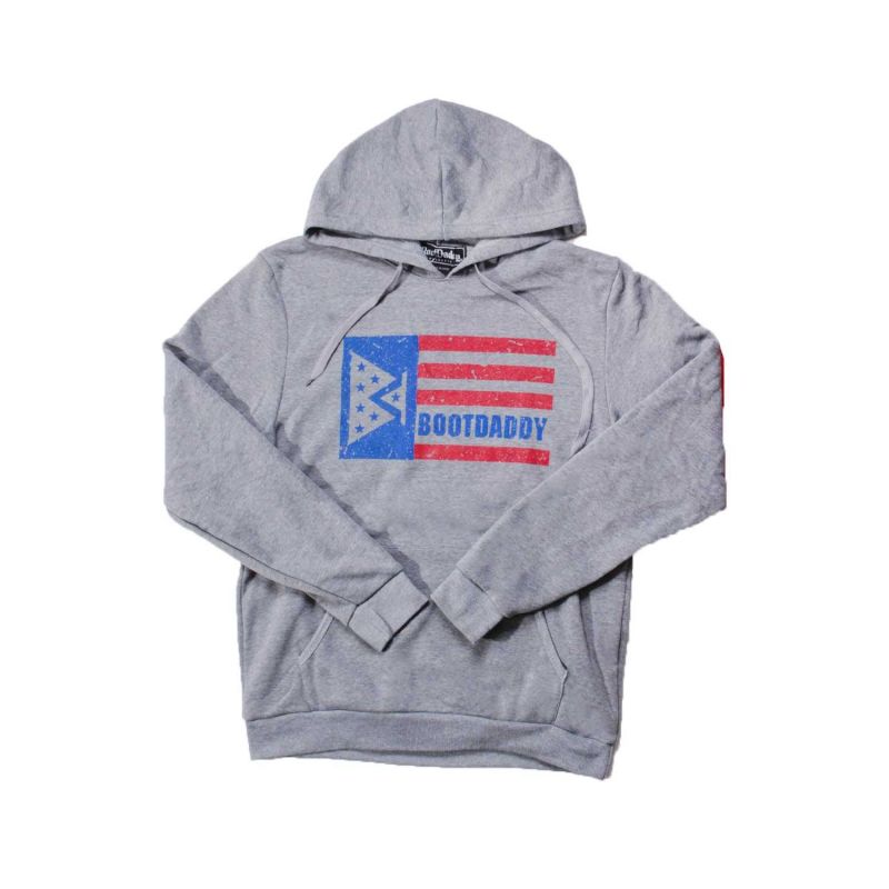BootDaddy Red and Blue Logo Flag Hoodie Gray